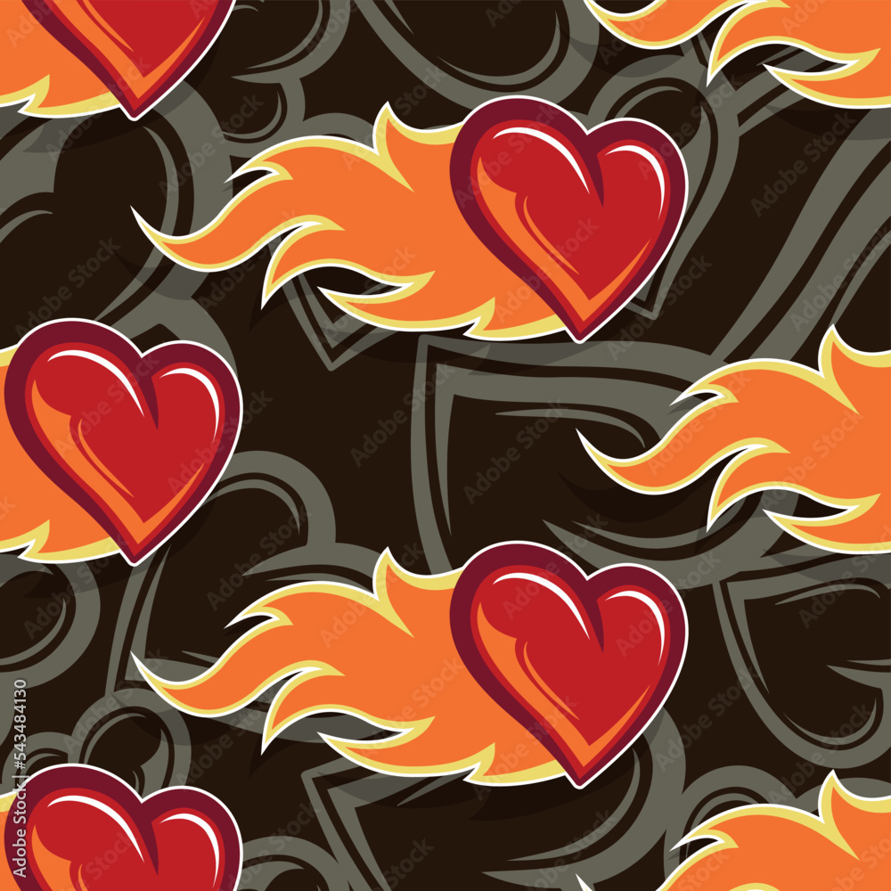 Flaming heart seamless pattern design with love heart and fire flame ...