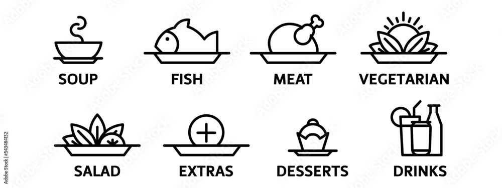 Restaurant Café menu vector icon set. Isolated meal sign set design ...