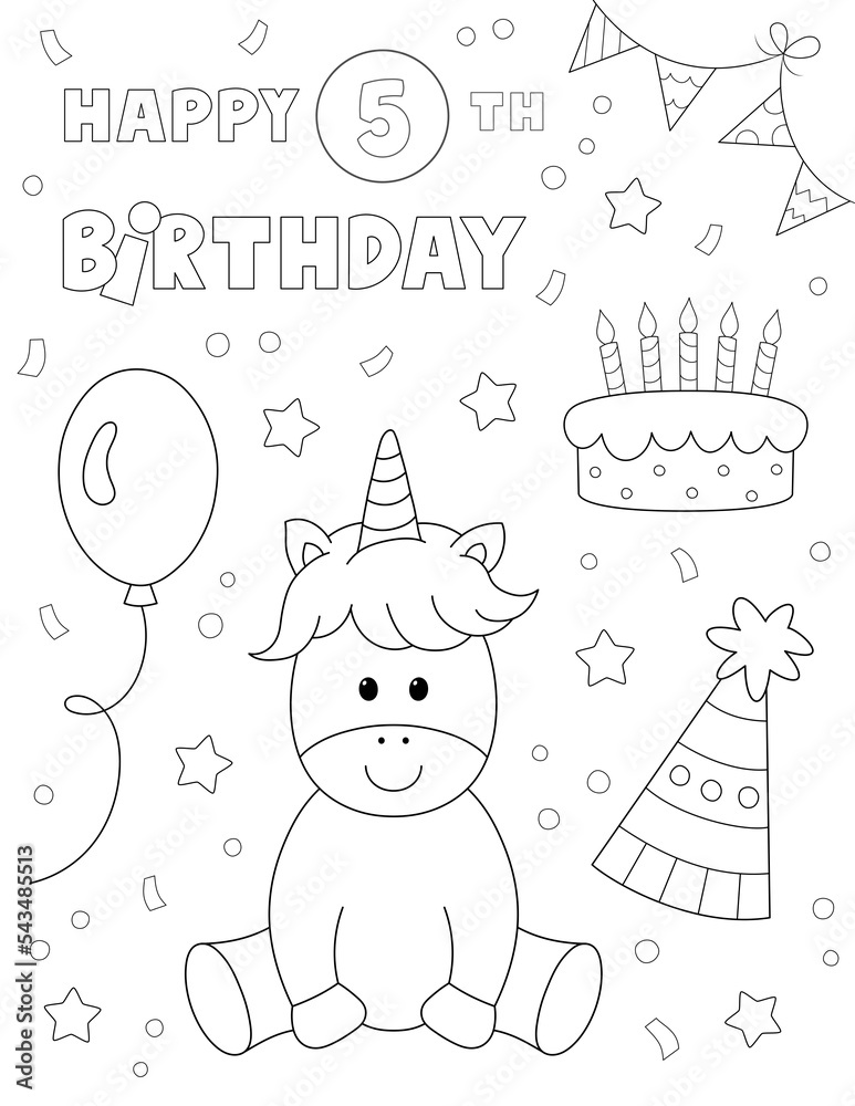 5 year old birthday coloring page. black and white design with a cute ...