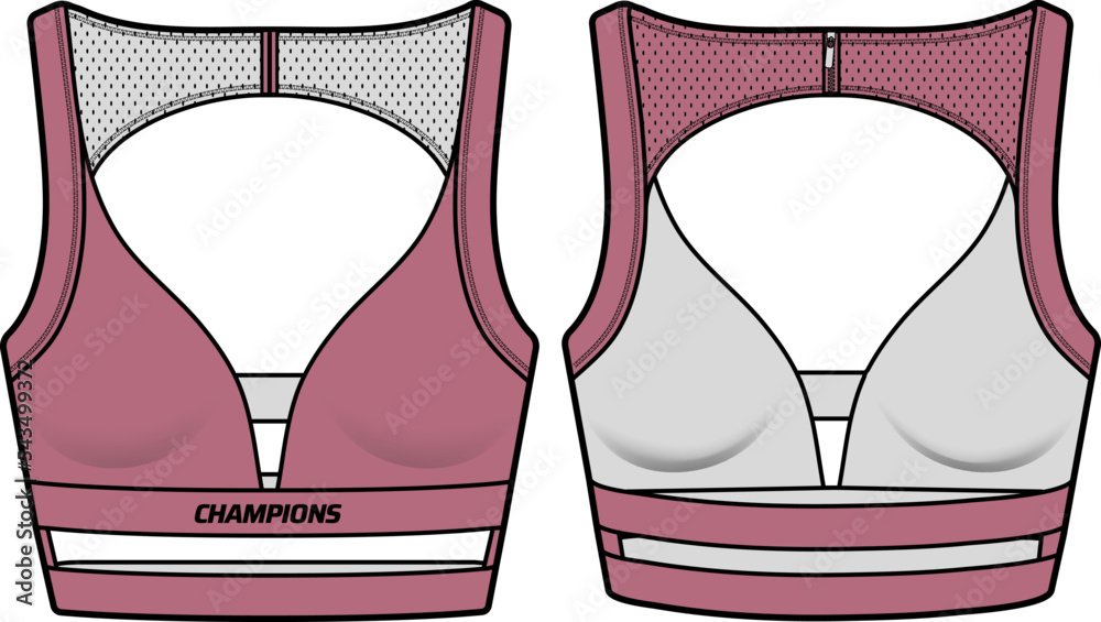 Women Sports bra support top active sports Jersey design flat sketch ...