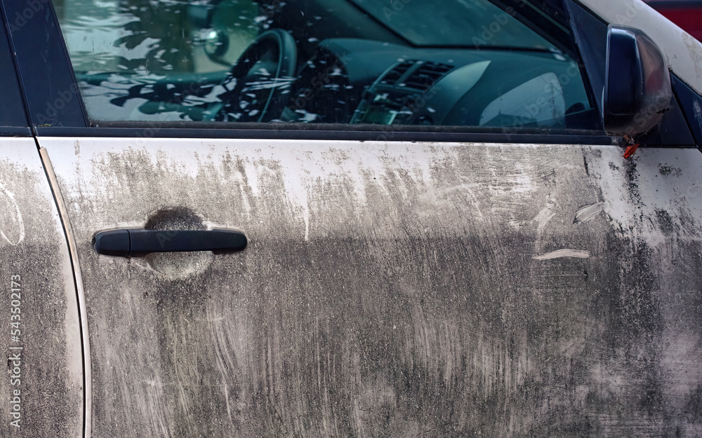 Dirty exterior door handle of vehicle. Dirty white car side view ...