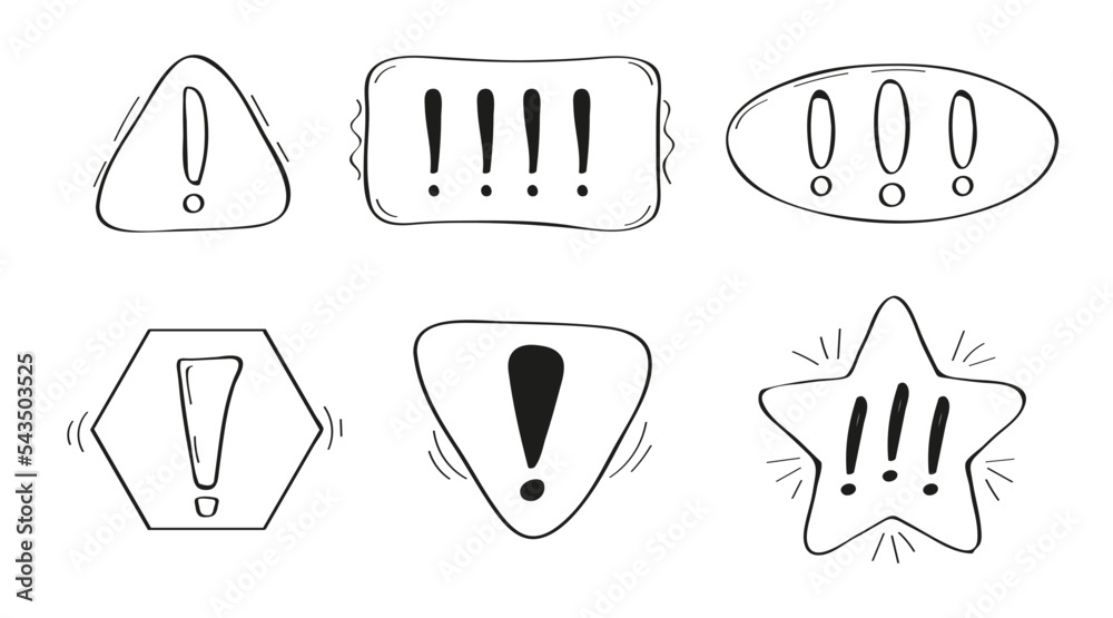 Exclamation mark in doodle style. Set of linear banners with ...