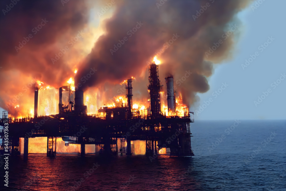 Fire on an offshore drilling platform. Environmental disaster in ...