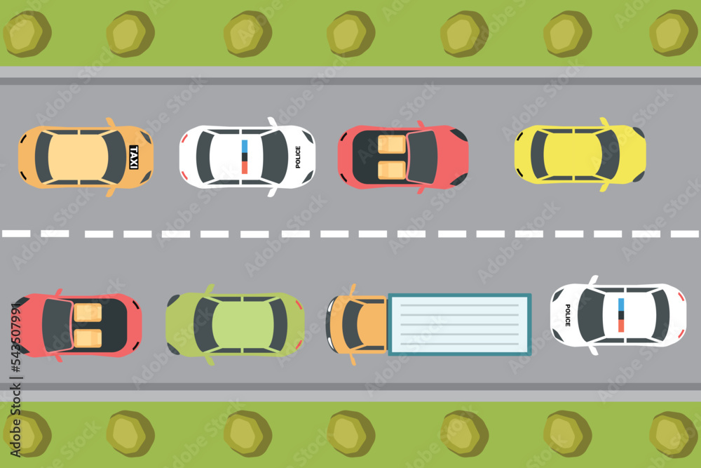 Traffic jam in single lane road with many different vehicles ...