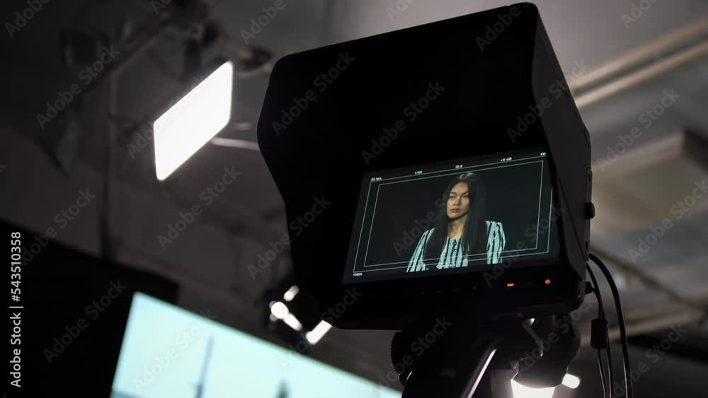 Backstage from studio television filming of talk shows. Asian girl TV ...
