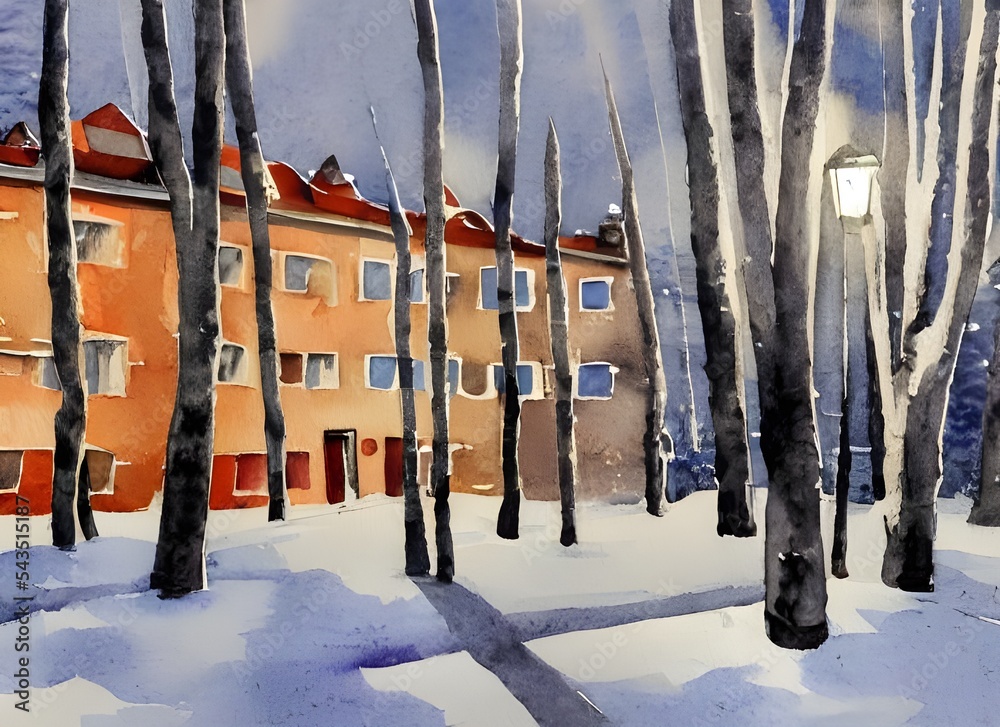 The cold night air is crisp, and the watercolor buildings look like ...
