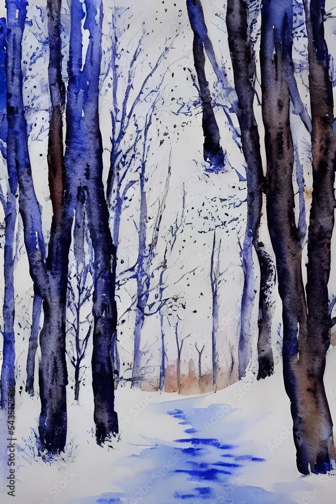 In the watercolor winter forest, there is a scene of a quiet and ...