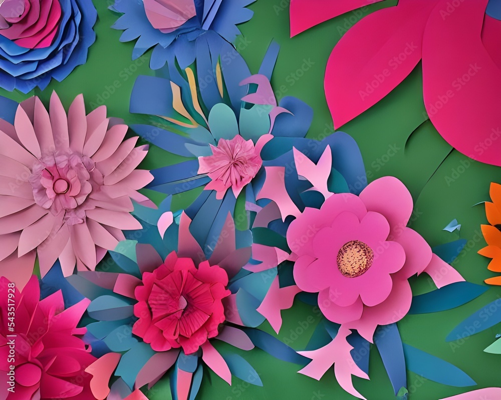 I am looking at a design of paper flowers. The colors are red, pink ...