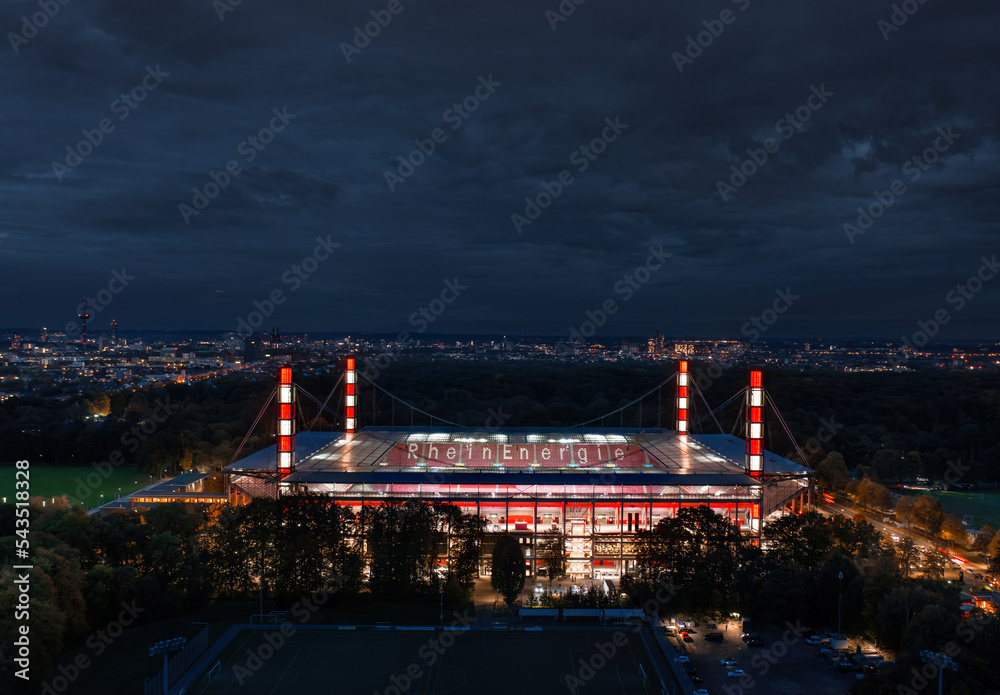 Night aerial view of the illuminated RheinEnergieStadion (Müngersdorfer ...