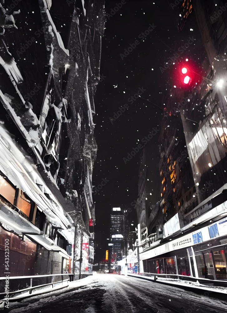 The city street is coated in a thin layer of snow, the evening air is ...