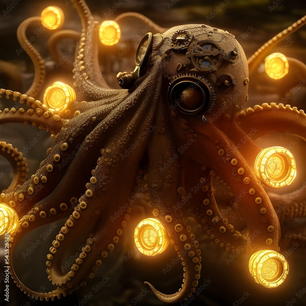 Steampunk octopus with lights 3d render 3d illustration Stock ...