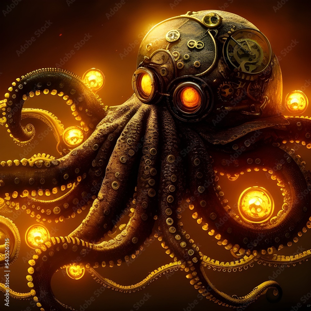 Steampunk octopus with lights 3d render 3d illustration Stock ...
