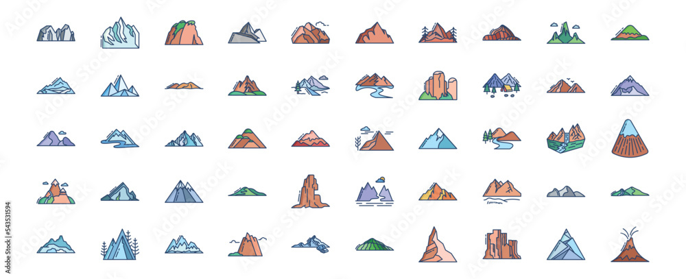 Vetor de Collection of icons related to Mountains and hills landscape ...