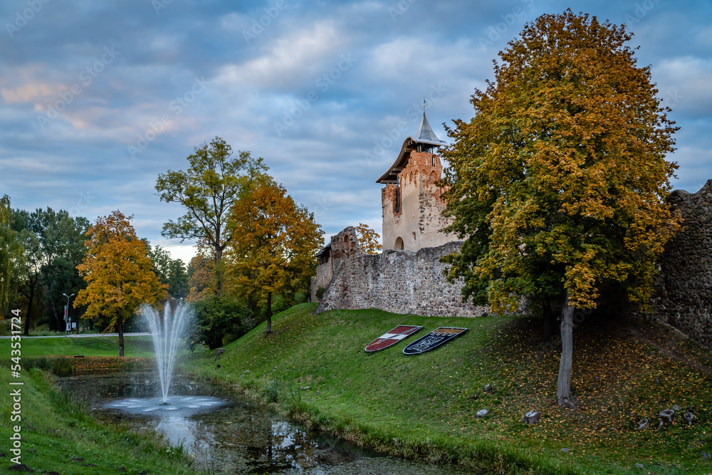 Dobele, Latvia - 30 September 2022: The restored Dobele medieval castle ...