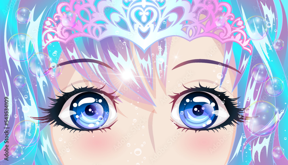 Cute marmaid with blue hair and blue eyes in anime style. Stock Vector ...