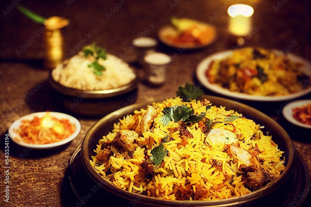 3D rendering of Biryani in a metal plate with rice and other food in ...