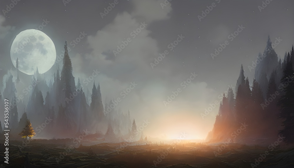 matte painting of the doomsday at night, moon, forest, digital art ...