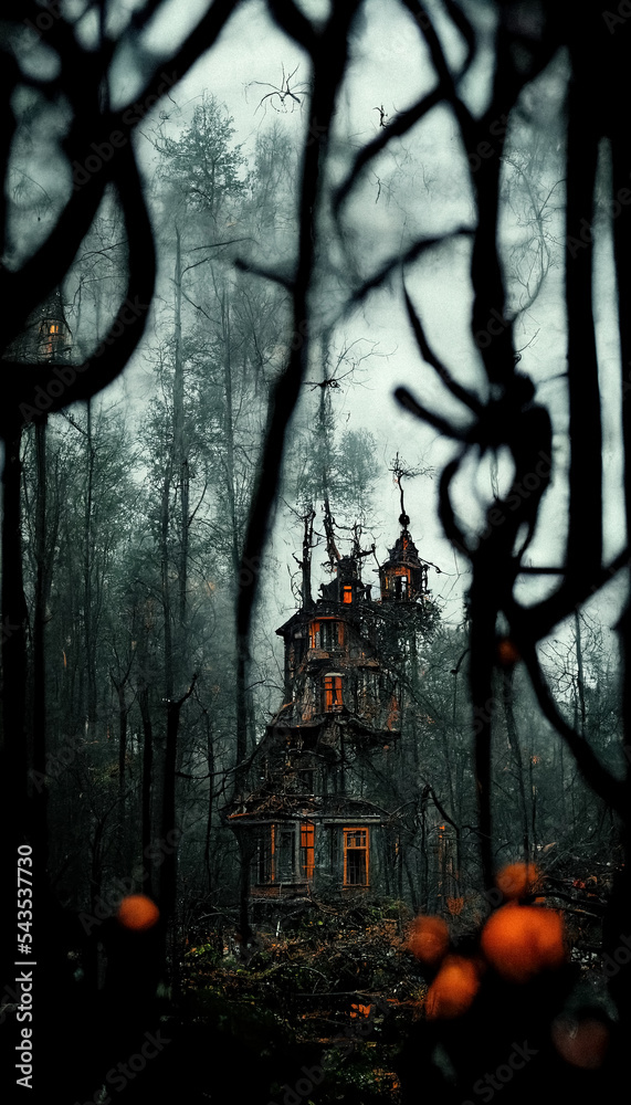 Creepy Halloween scene with spiders crawling in front and a old haunted ...