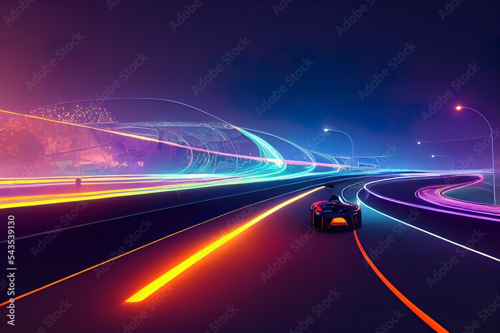 Speeding Sports Car On Neon Highway. Powerful acceleration of a ...