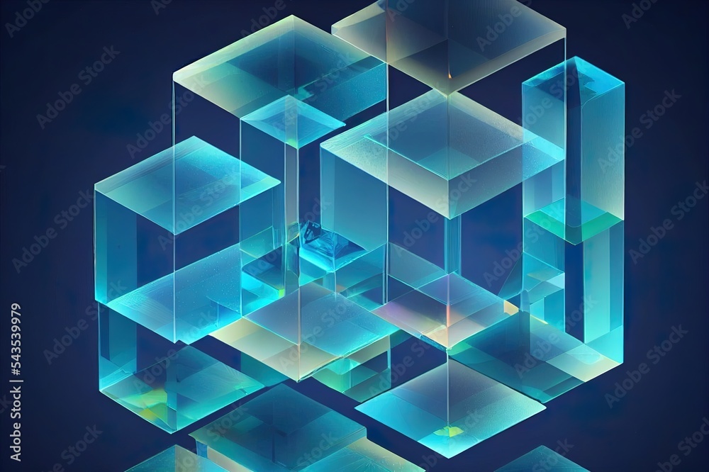 Crystal cubes or blocks with refraction effect of rays in glass. Clear ...