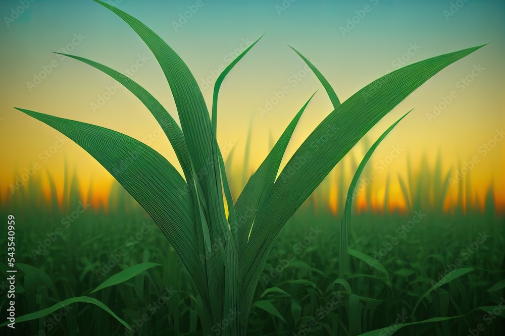 Corn seeds and green leaves at Corn field in sunset background. 3D ...