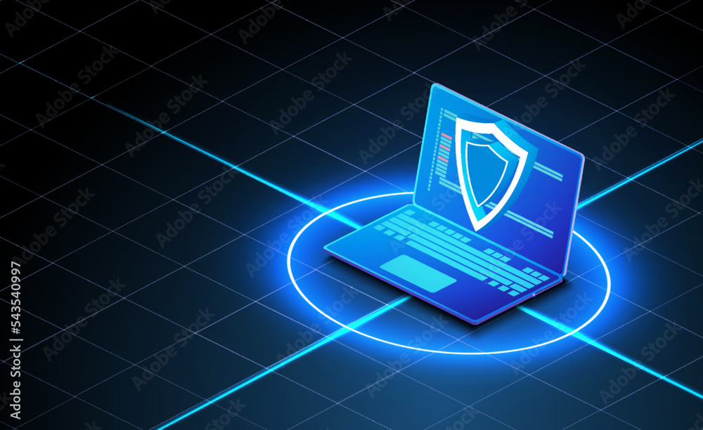 Laptop with shield, cyber Security concept. 3D laptop and cloud data ...
