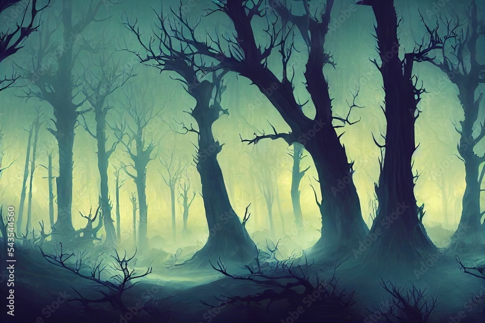 ภาพประกอบสต็อก Haunted forest creepy landscape illustration. Fantasy ...