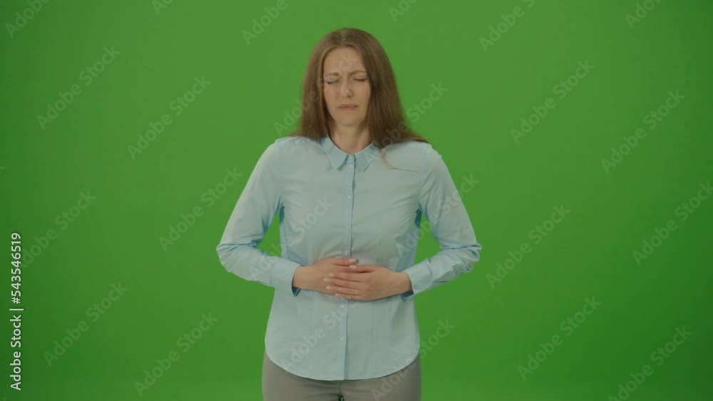 Green Screen. Chroma Key. Unhealthy Woman in Blue Shirt Feeling ...