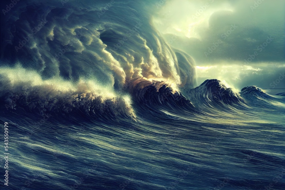 Apocalyptic dramatic background, giant tsunami waves, dark stormy sky ...