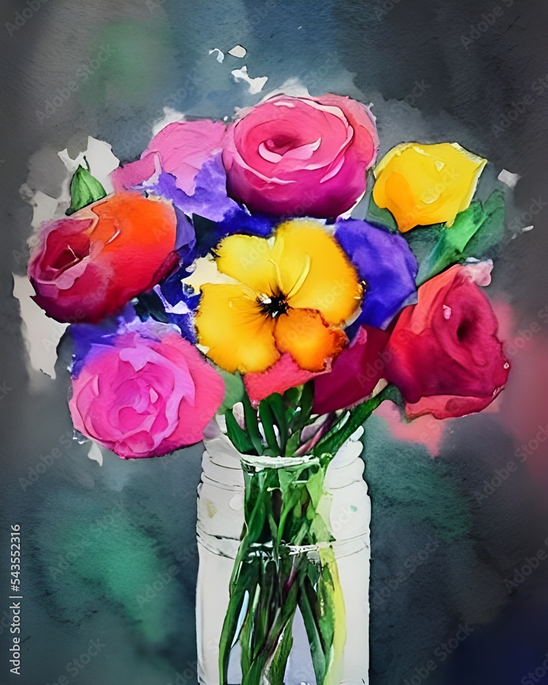 A watercolor flower bouquet is comprised of various flowers in ...