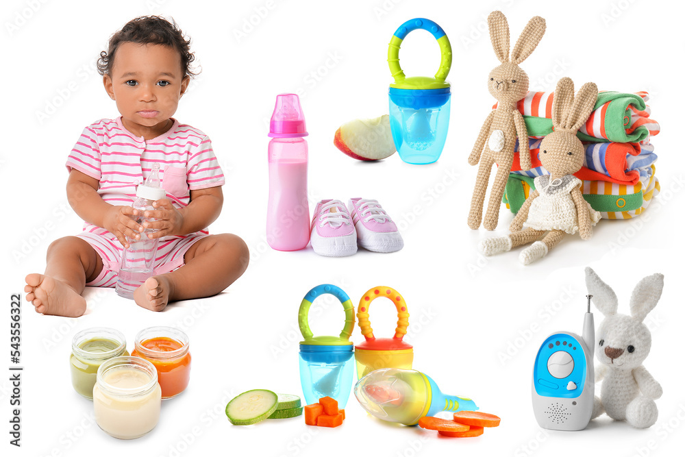 Collage of cute African-American baby with set of items on white ...
