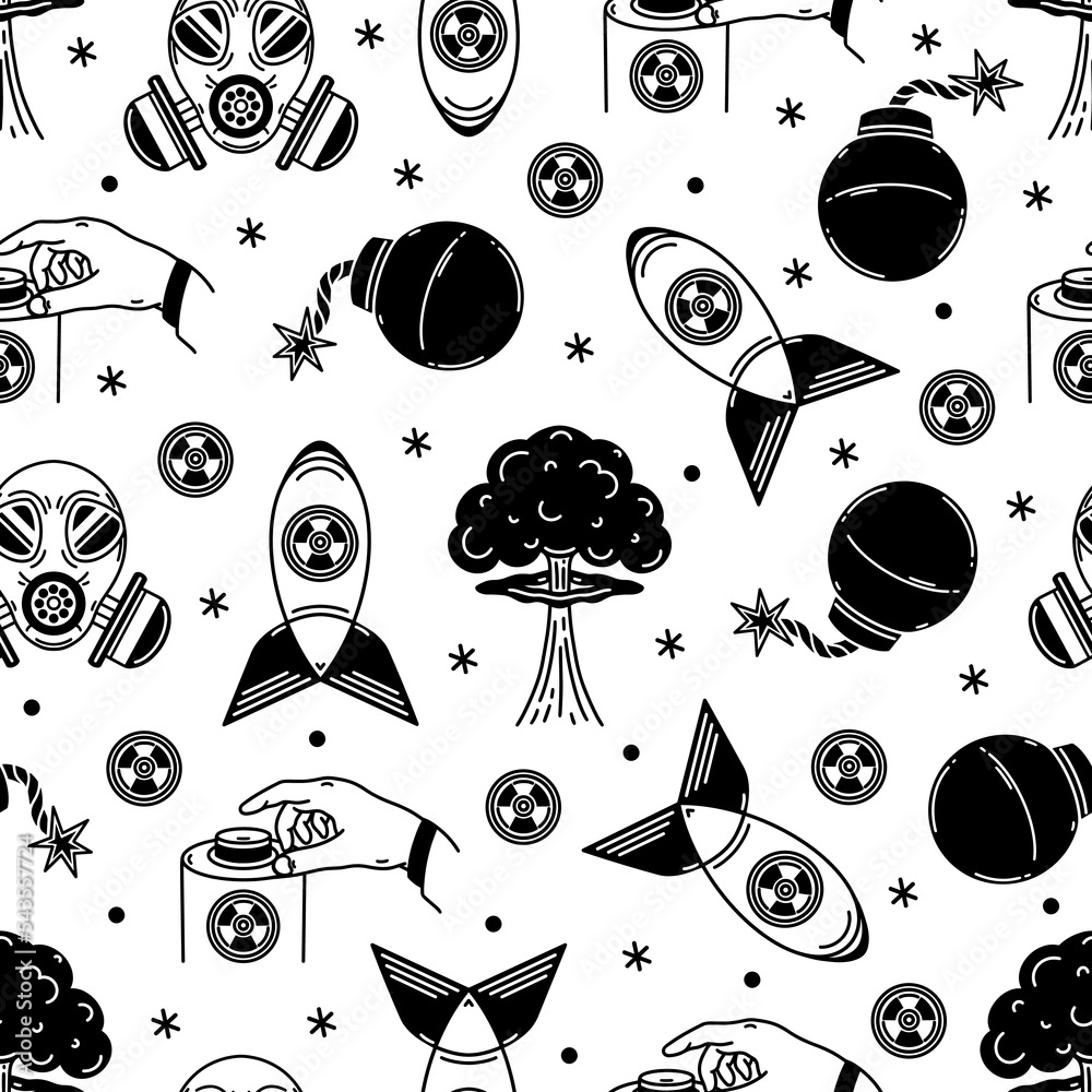 War seamless vector pattern. Armed conflict symbols - hydrogen bomb ...