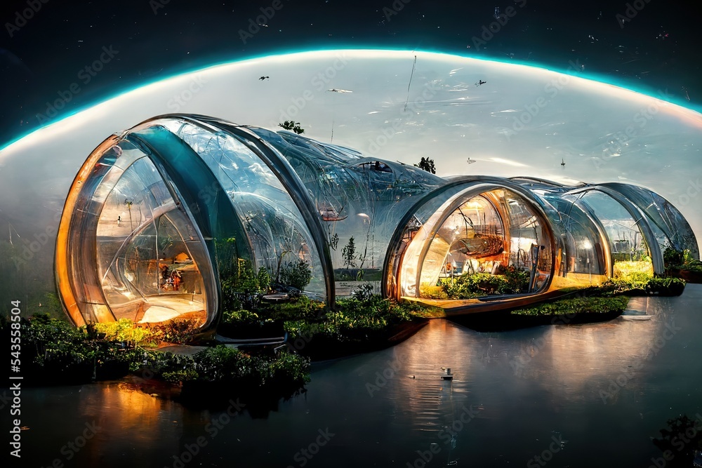 Space expansion concept of human settlement in alien world with green ...