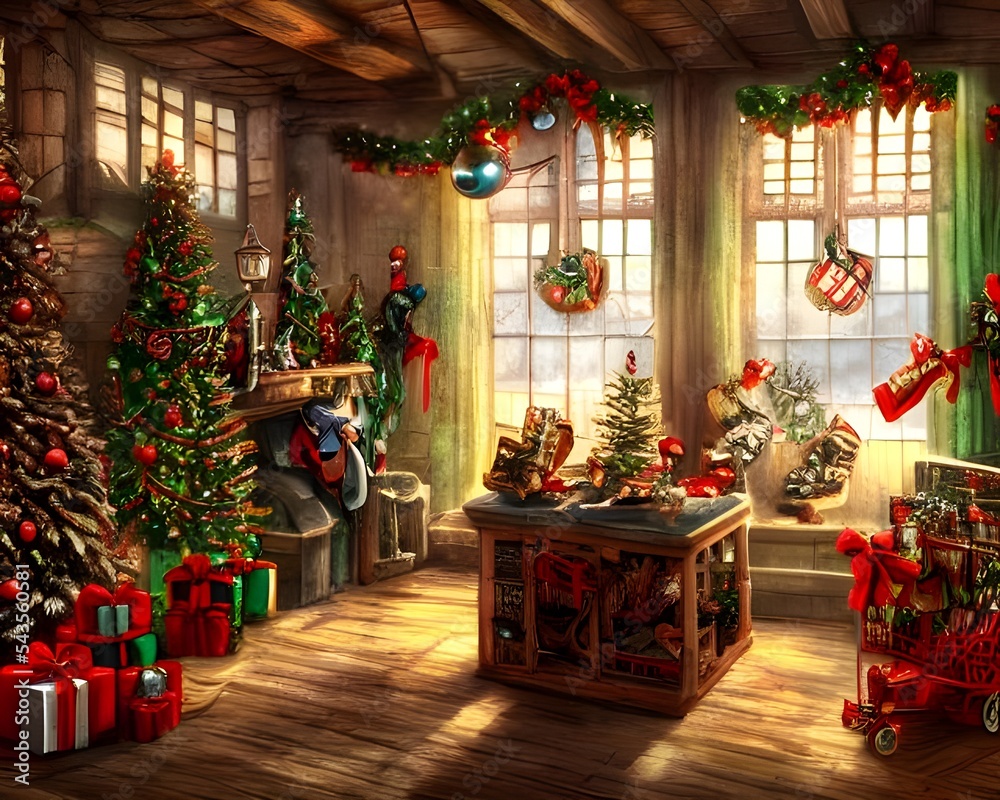 It's a winter wonderland in the Christmas toy factory! The massive room ...