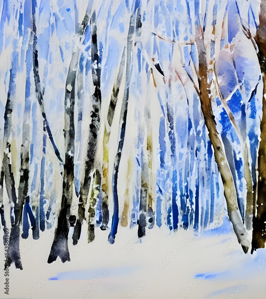 A watercolor winter forest scene is depicted with barren trees and a ...