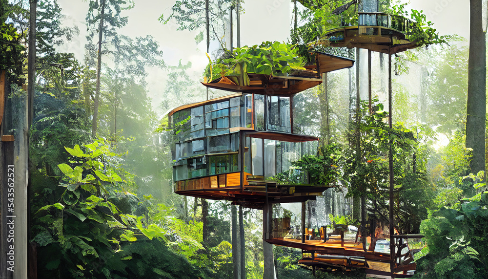 Spectacular concept art of environmental friendly modern treehouse with ...