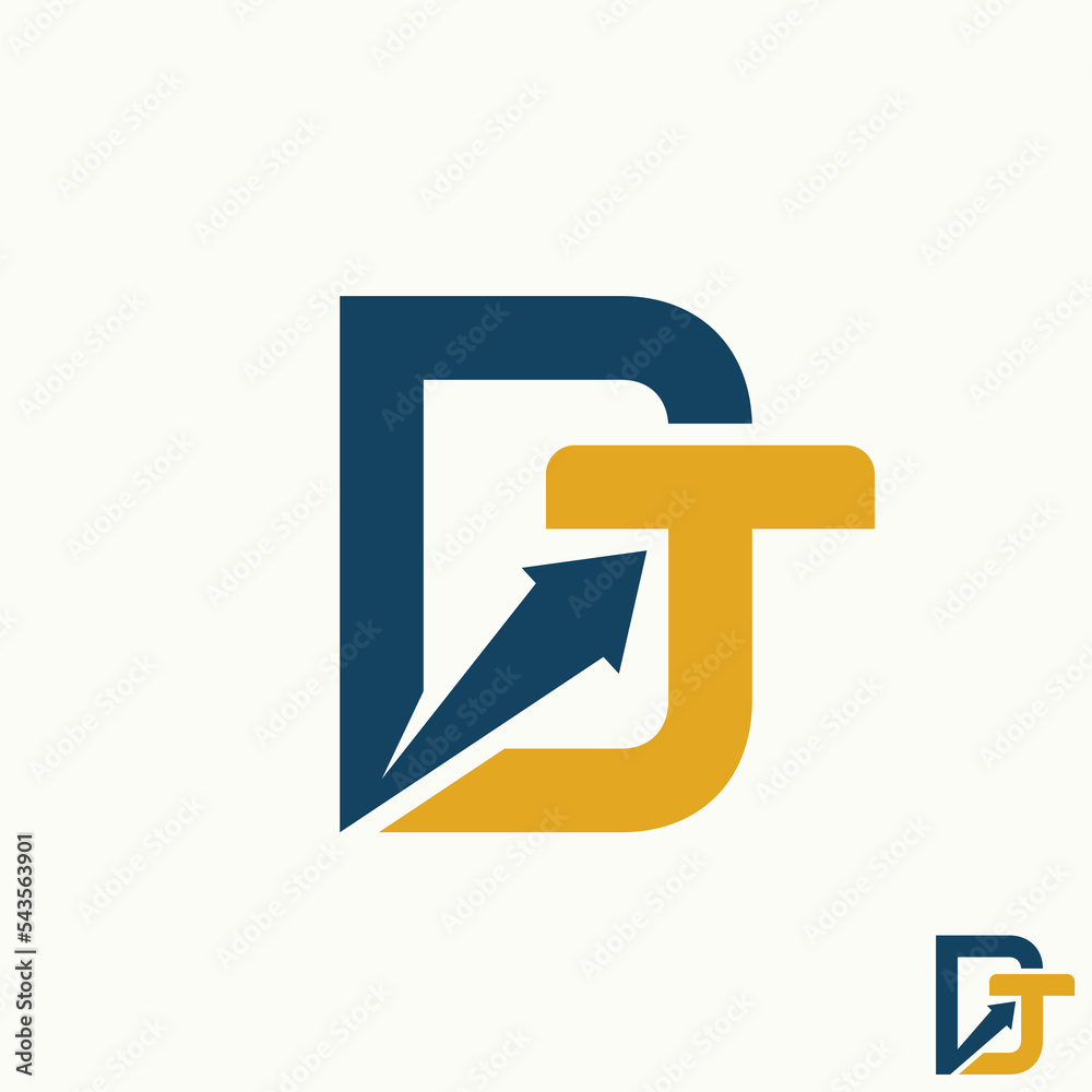 Simple and unique letter or word DT sans serif cut font with arrow up ...