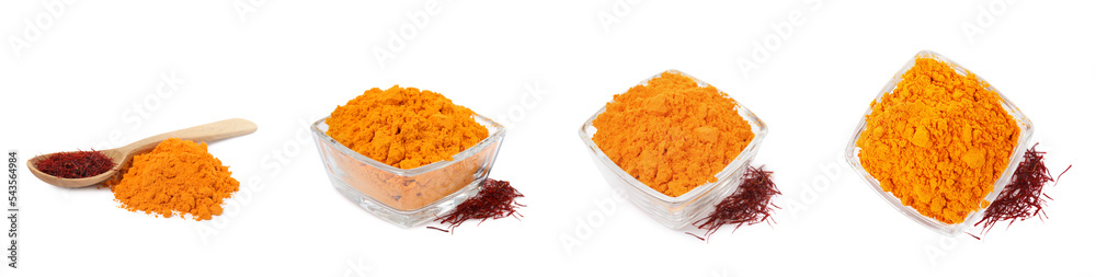 Set with saffron powder on white background. Banner design Stock Photo ...