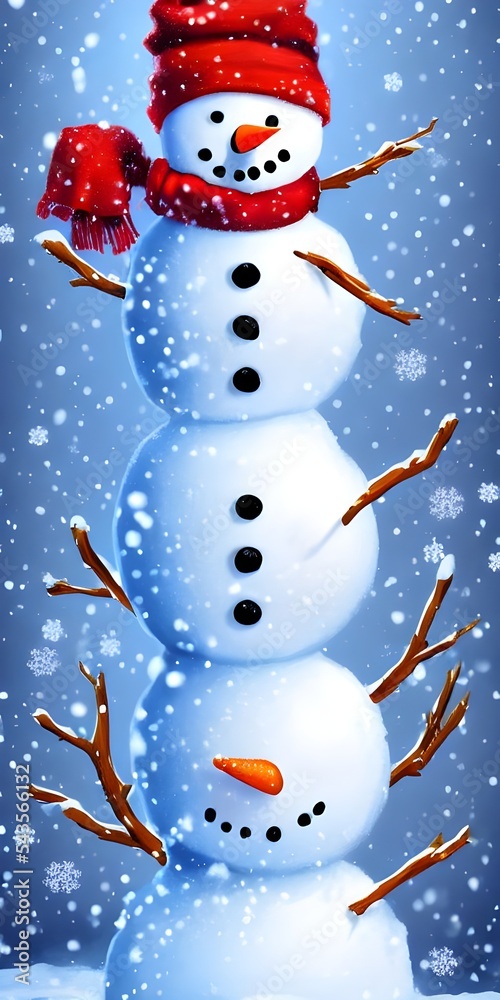 In the picture, there is a snowman that looks very happy. The snowman ...