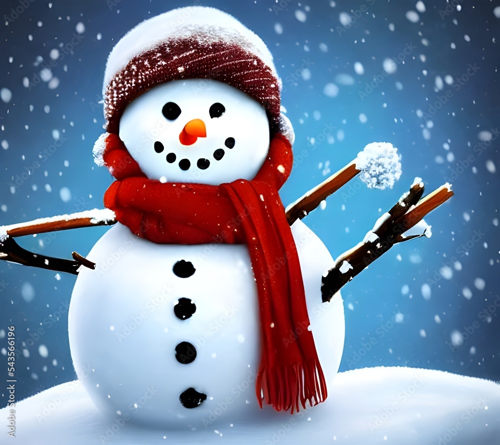 In the picture, there is a cute snowman made out of snow. The snowman ...