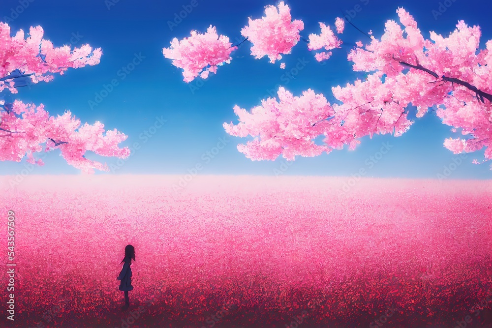 Anime girl stands in the leaves of a falling sakura Stock-Illustration ...