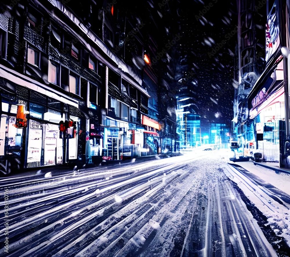 Atmospheric city street in the evening after a light snowfall. The ...
