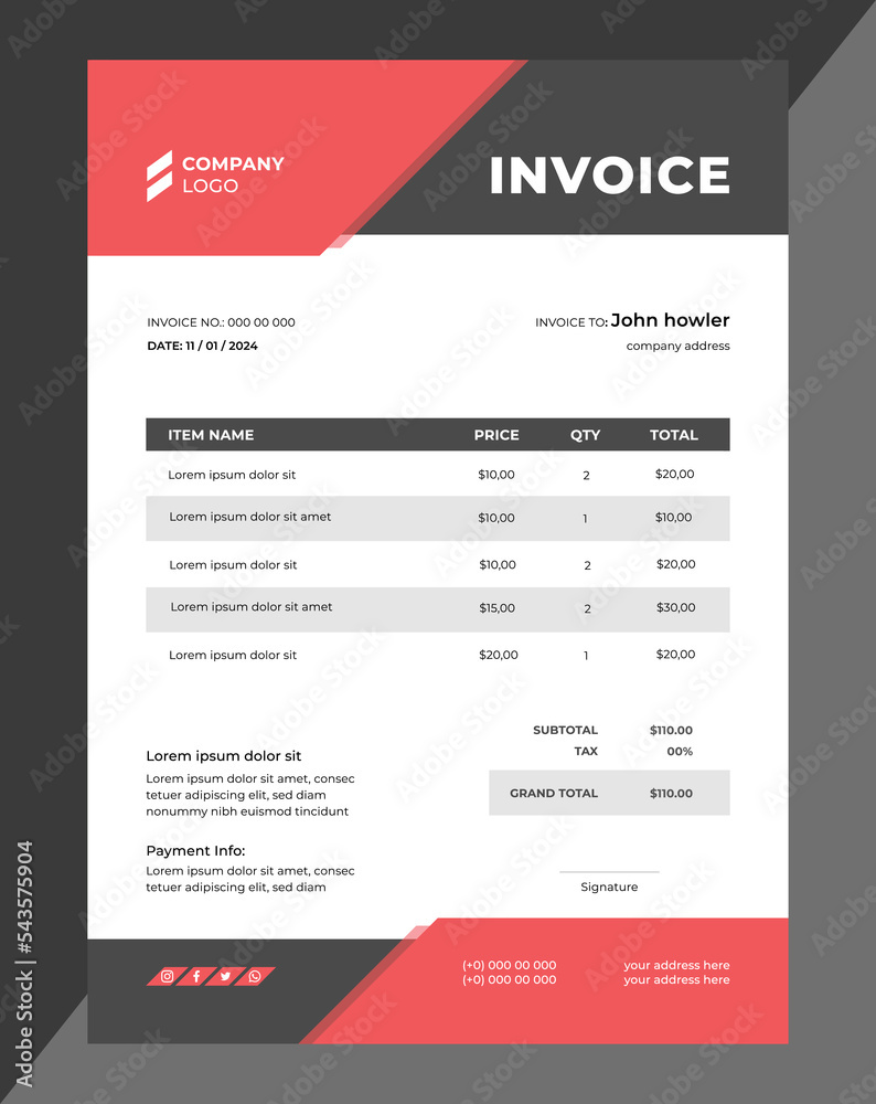 Minimal corporate red light and dark variation invoice template Stock ...