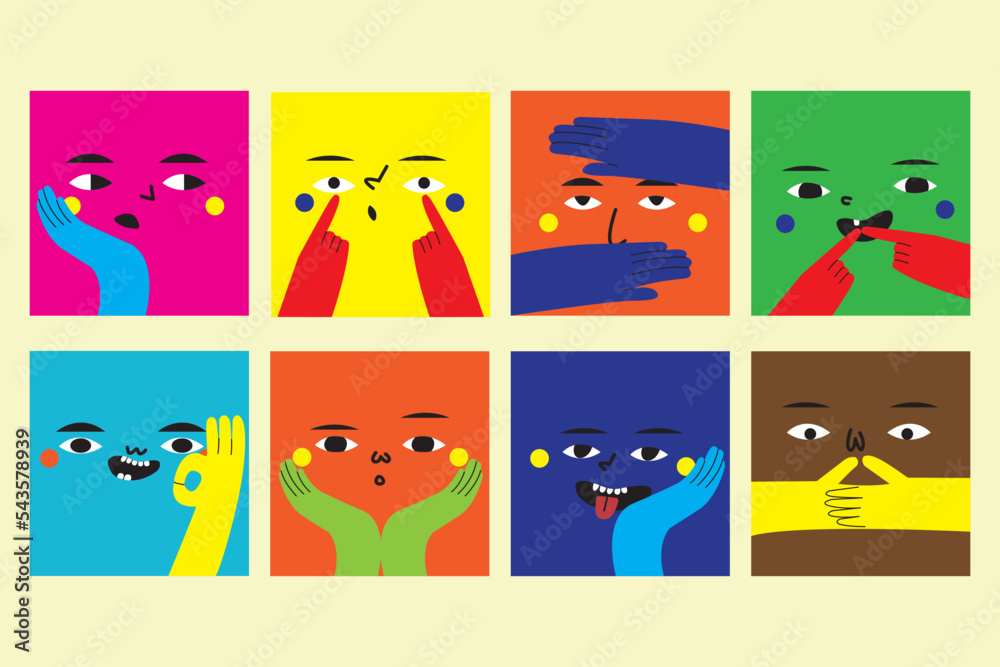 Square abstract comic faces with various emotions and gestures ...