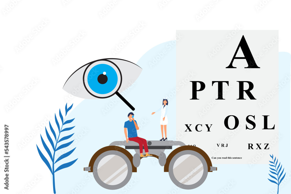 Ophthalmology vector illustration with person and doctor checking eye ...