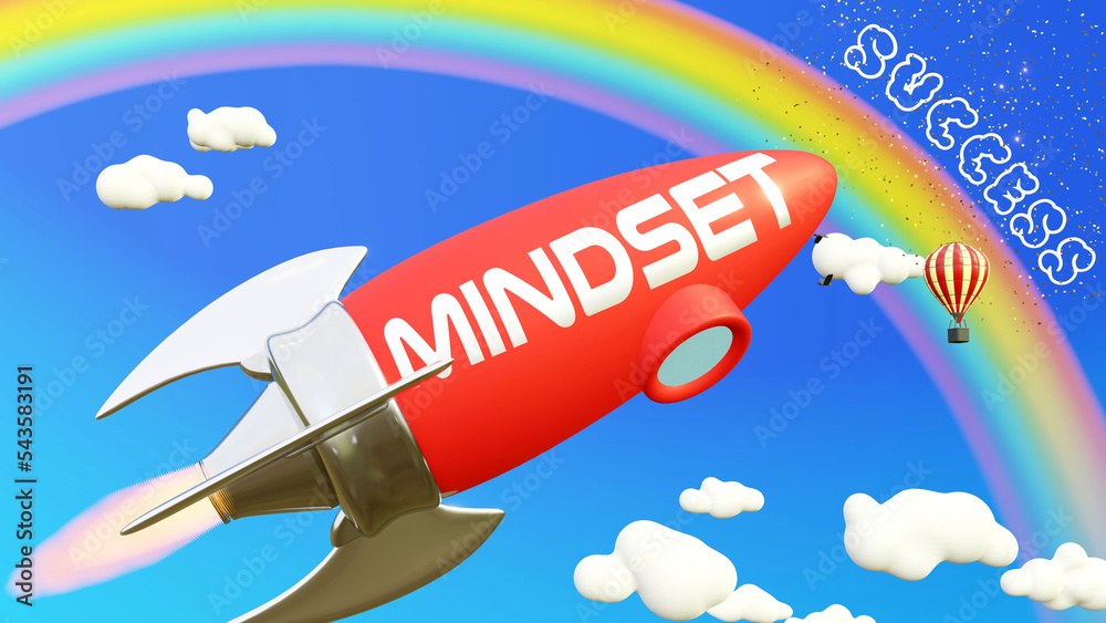 Mindset lead to achieving success in business and life. Cartoon rocket ...