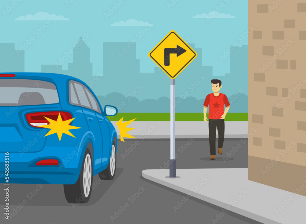 Safe car driving tips and traffic regulation rules. Blue suv turns on ...