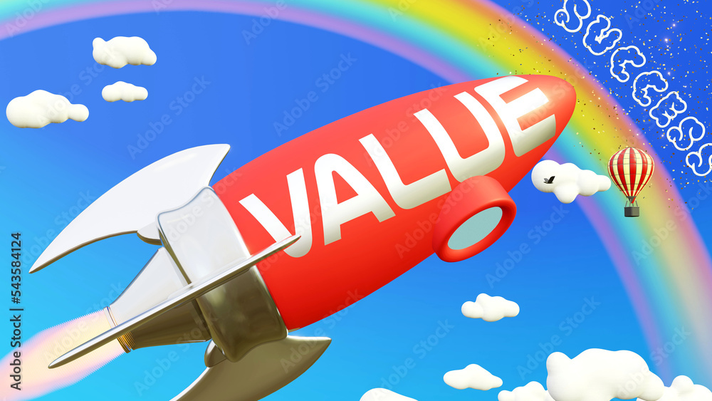 Value lead to achieving success in business and life. Cartoon rocket ...