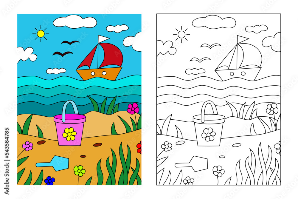Simple beach landscape coloring page for kids drawing education. Simple ...