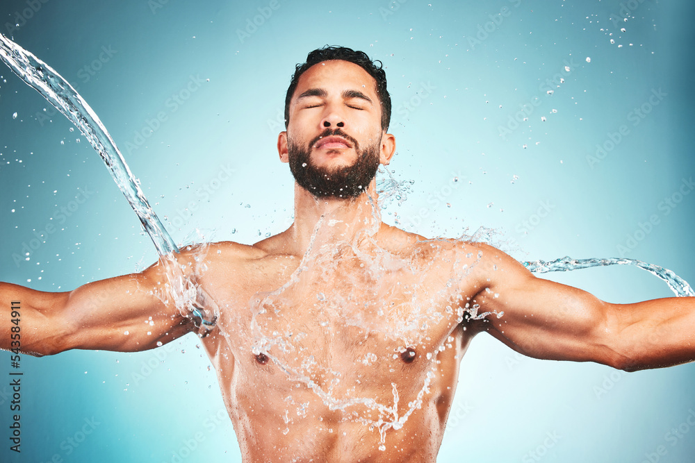 Muscular man, water splash and wellness for fitness and health with ...